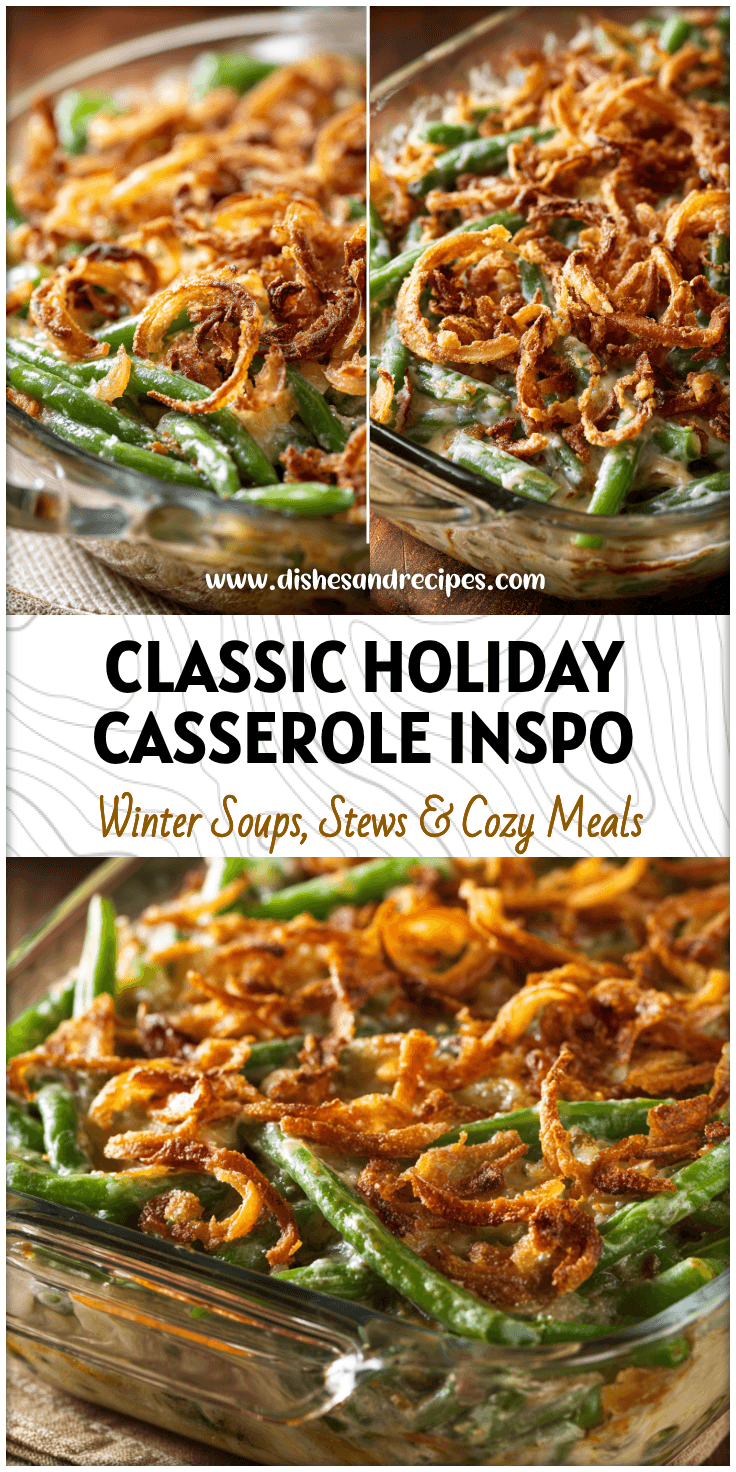 Classic String Bean Casserole In A Glass Dish