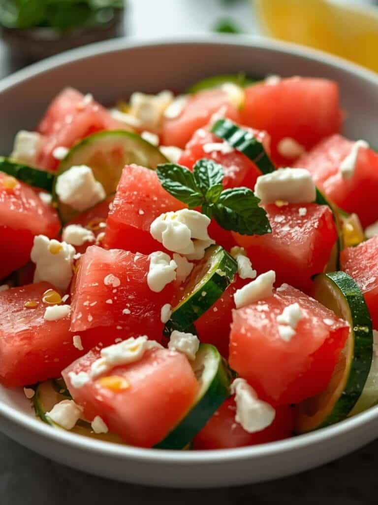 Refreshing Watermelon Cucumber Feta Salad with Honey Lime Dressing